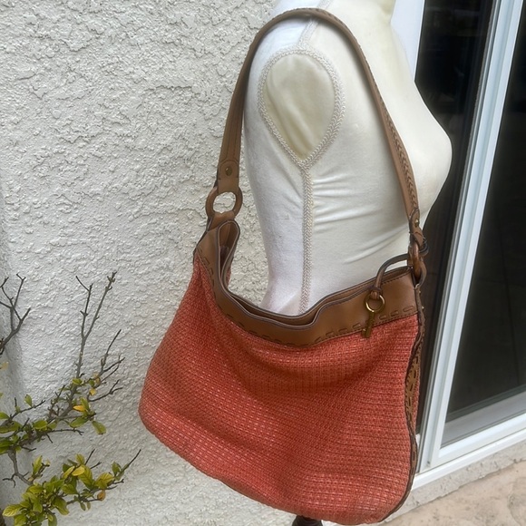 Fossil | Bags | Fossil Orange Coral Woven Weave Leather Shoulder Bag ...